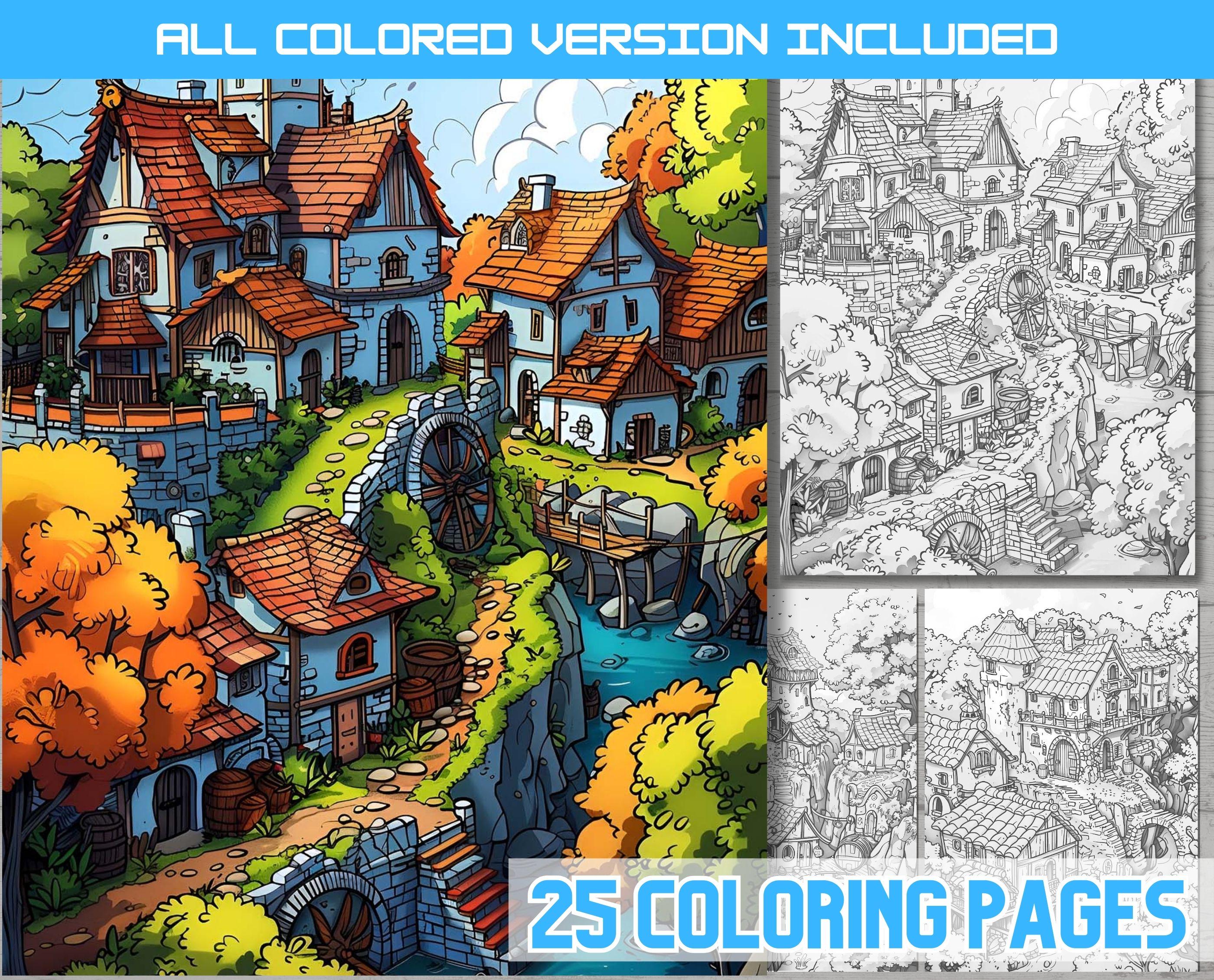 Rural Village Coloring Book: Scenic Cottage Pages (digital Download) - Etsy