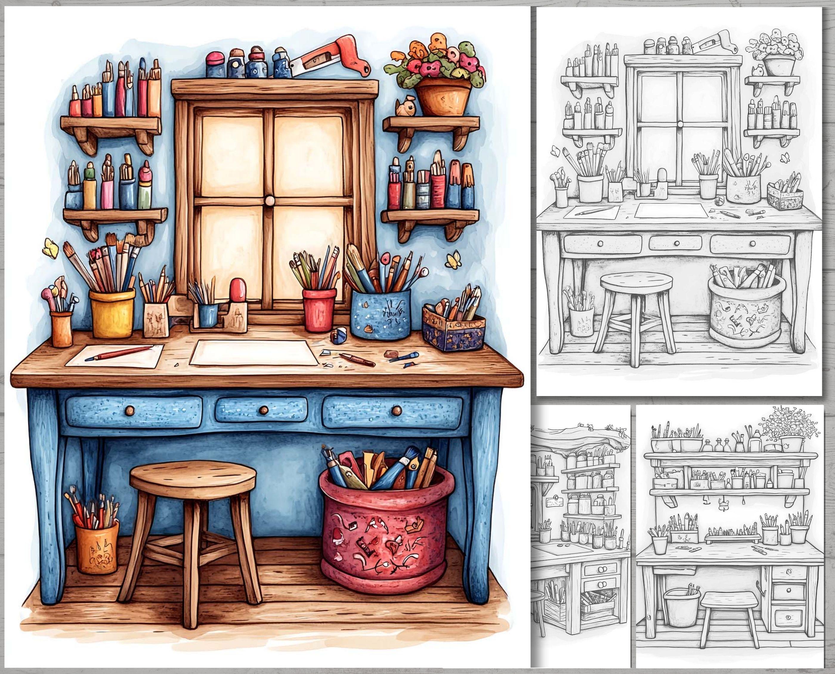 Cute Vintage Craft Room Coloring Page, Creative Space Decor Coloring ...