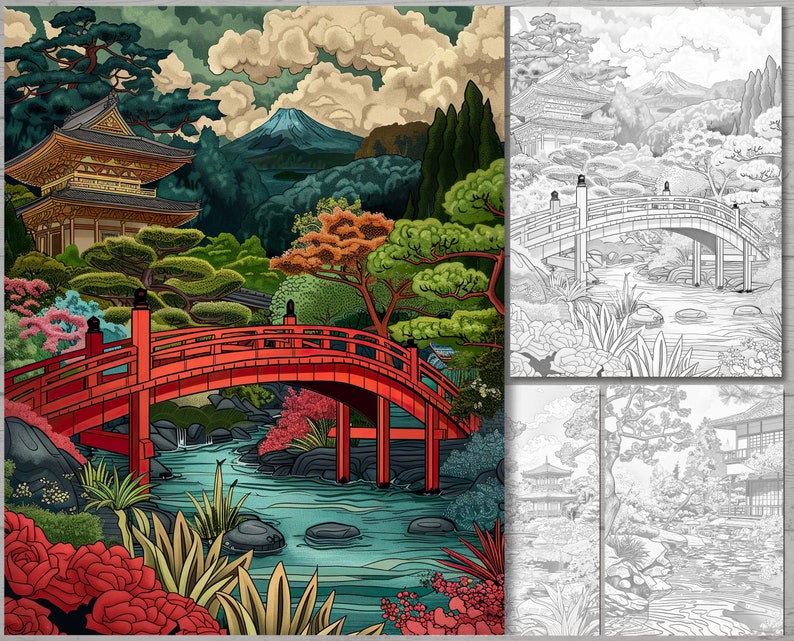Japanese Garden Coloring Pages: Spring Zen Garden Art for Adults & Kids ...