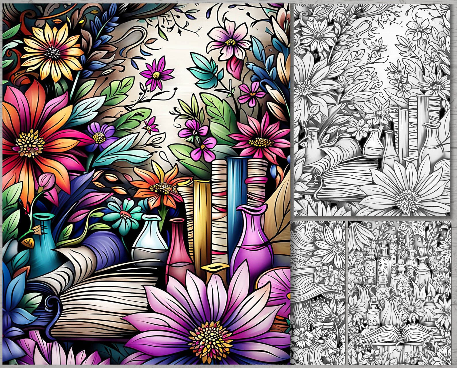 Floral Magic Potions Coloring Pages: Adult & Kids Fantasy (digital ...