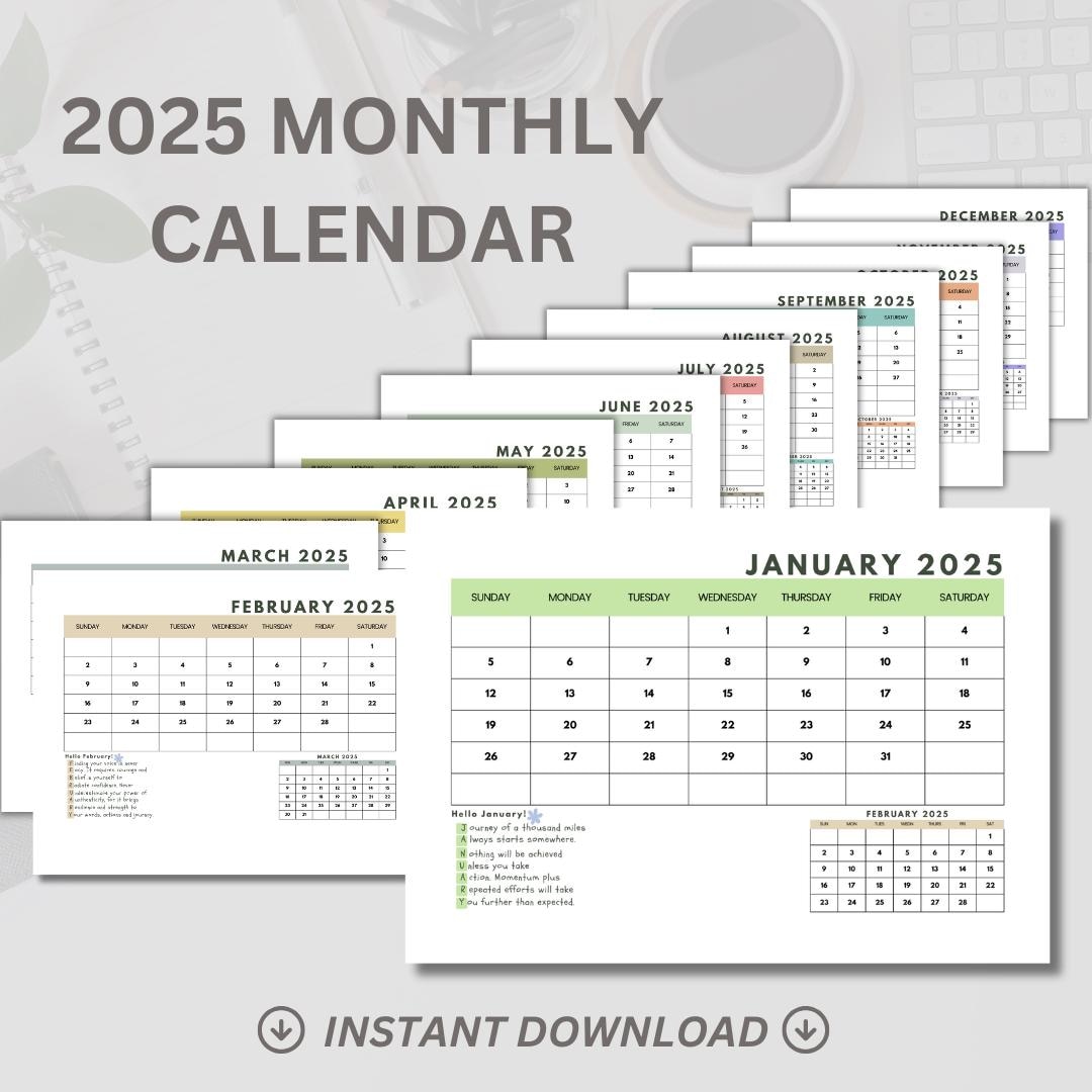 2025 Printable Monthly Calendar, Instant Download, Sunday Start, PDF ...