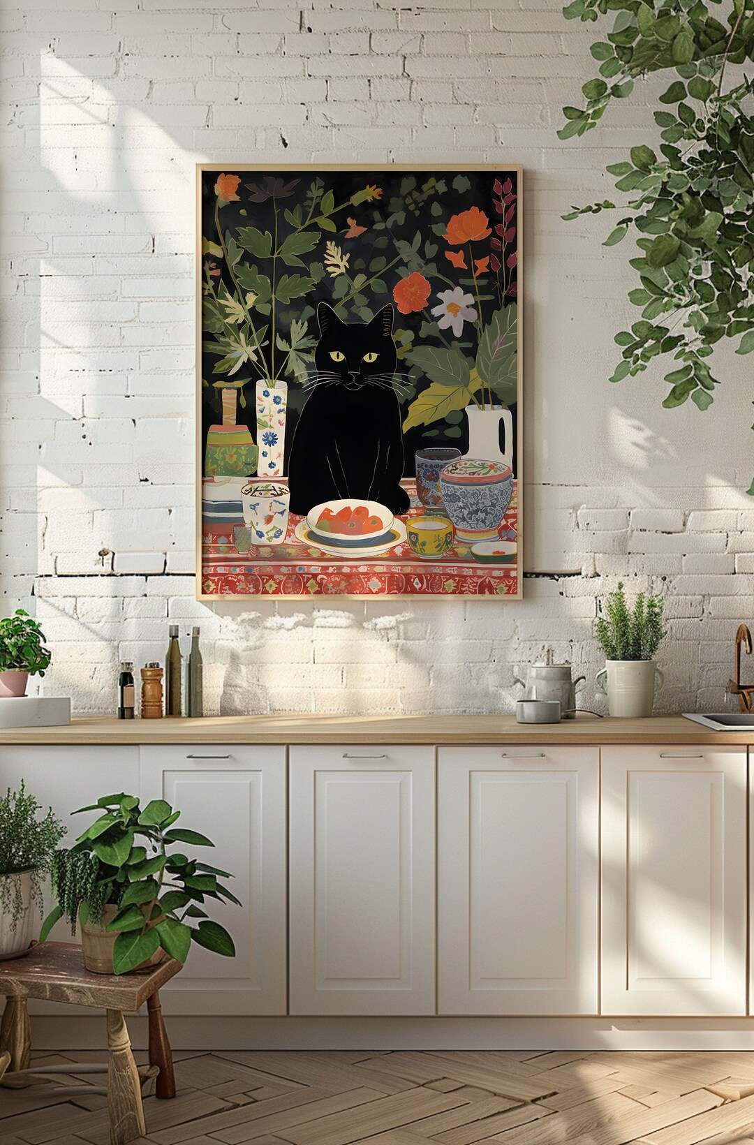 Black Cat Dining Table Art, Whimsical Feline Lunch Painting, Artistic ...