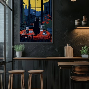 Whimsical Cat at Table Poster, Dark Blue and Light Black Comic Art ...