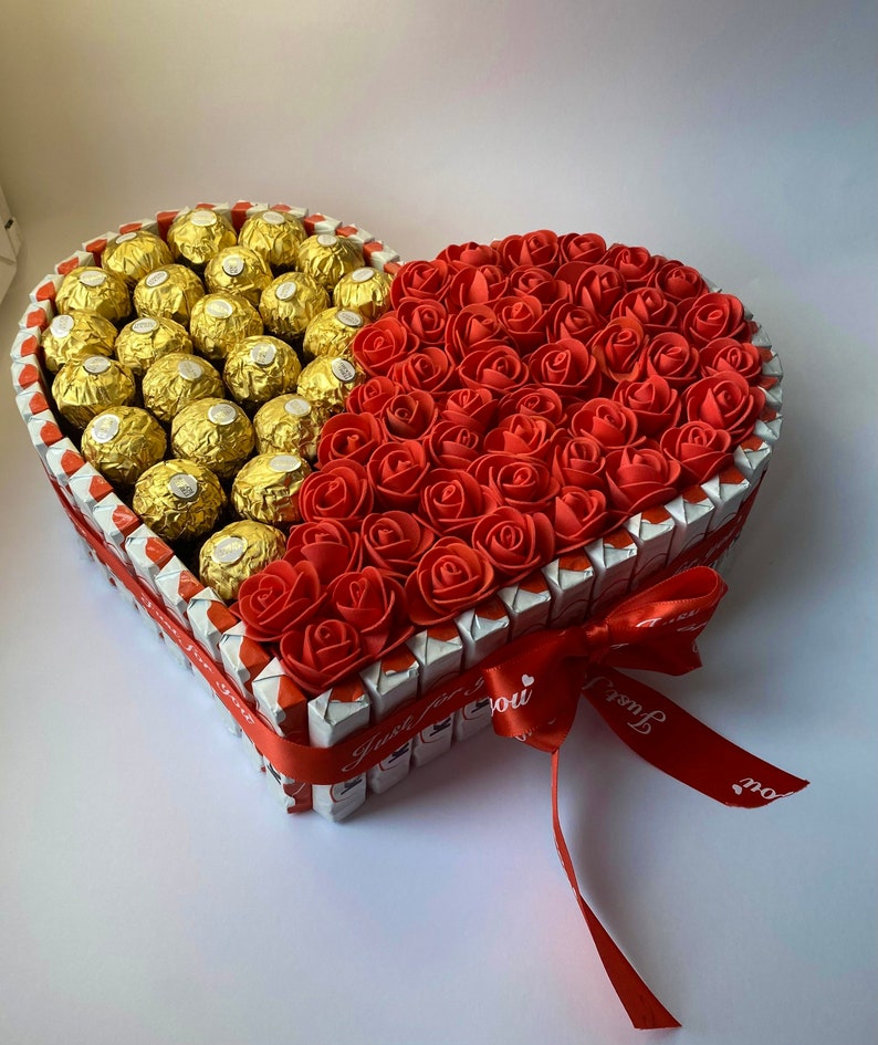 Chocolate Ferrero Bouquet and Forever Roses, Heart Ferrero Rocher ...