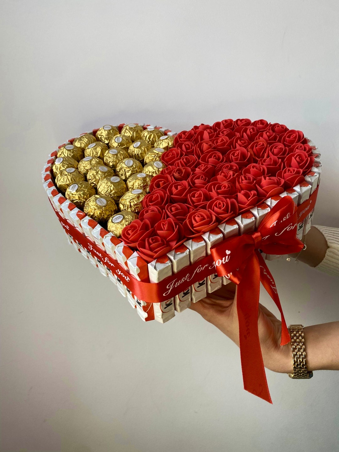 Ferrero Rocher Chocolate Bouquet, Heart Box With Forever Roses - Etsy