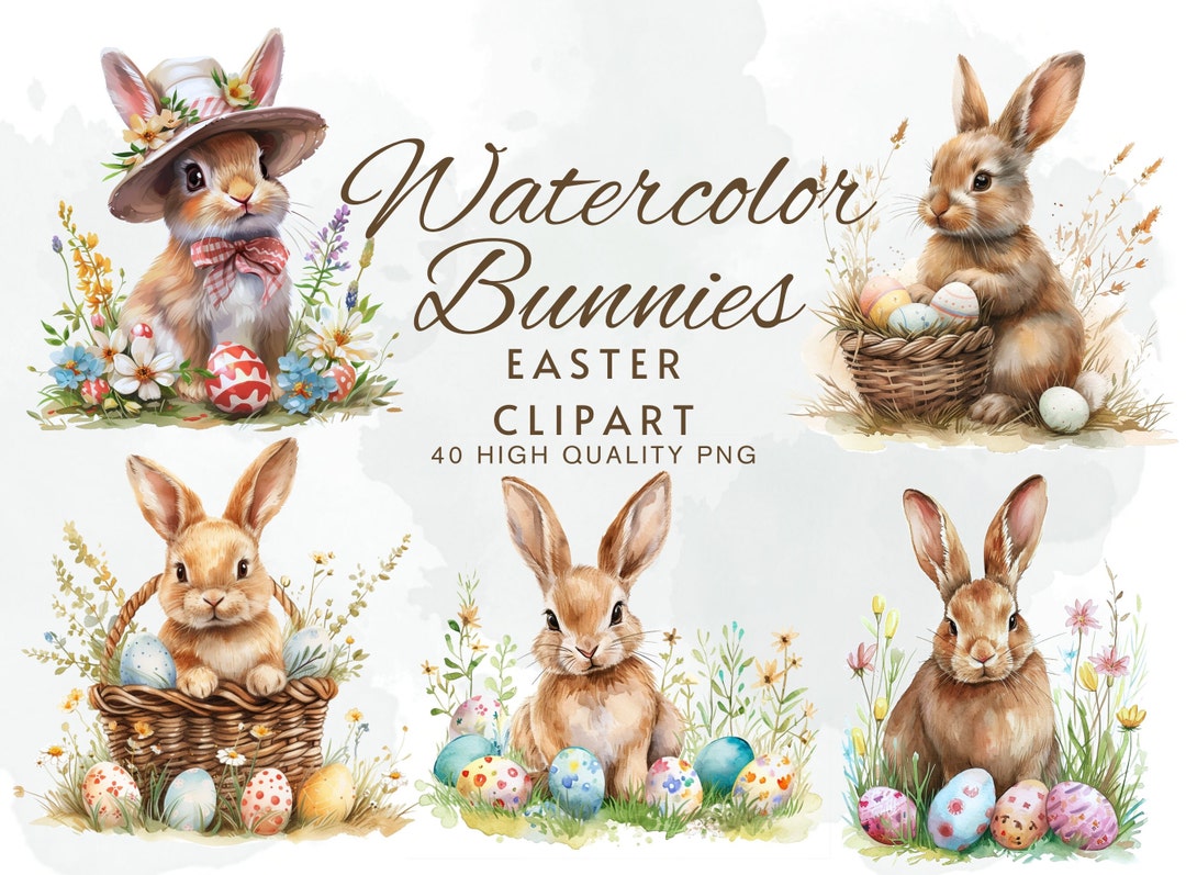 Easter Watercolor Bunnies Clipart-cute Easter Bunnies-watercolor Easter ...