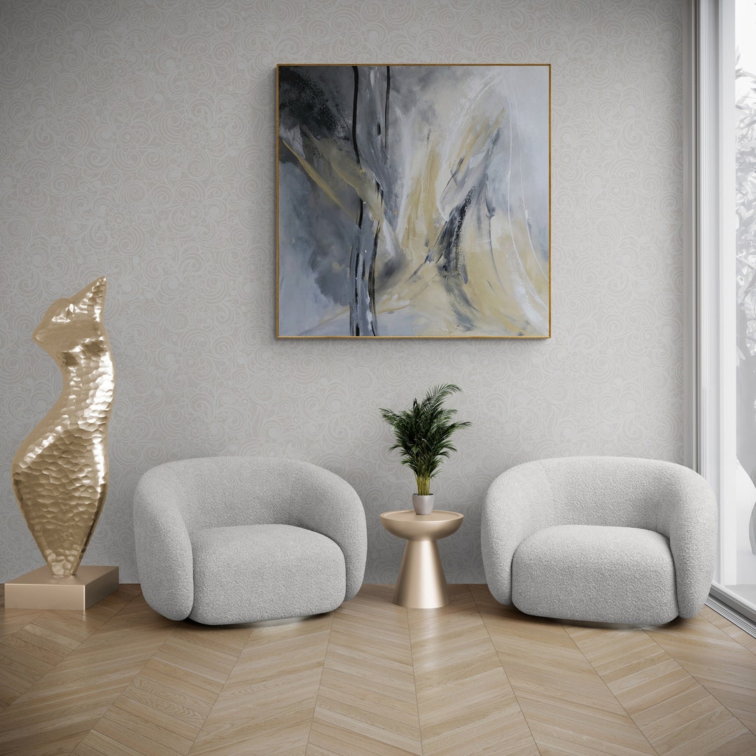 Original Large Textured Grey Gold Leaf Painting Canvas Art, Custom ...