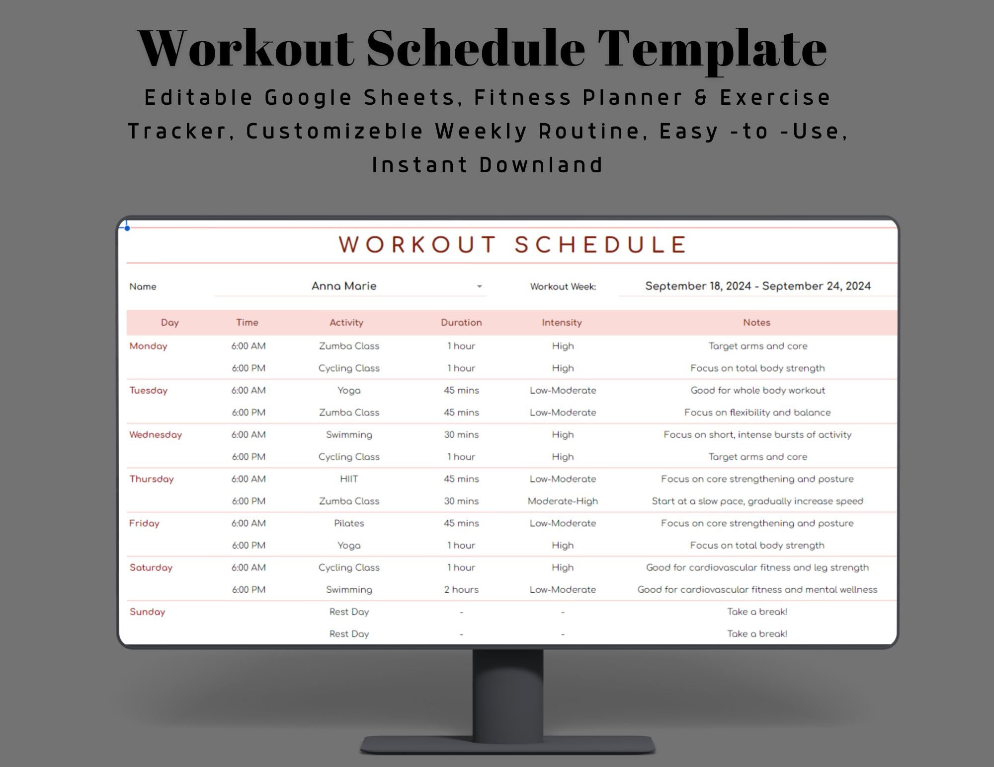 Workout Schedule Template,google Sheets Fitness Planner,exercise ...