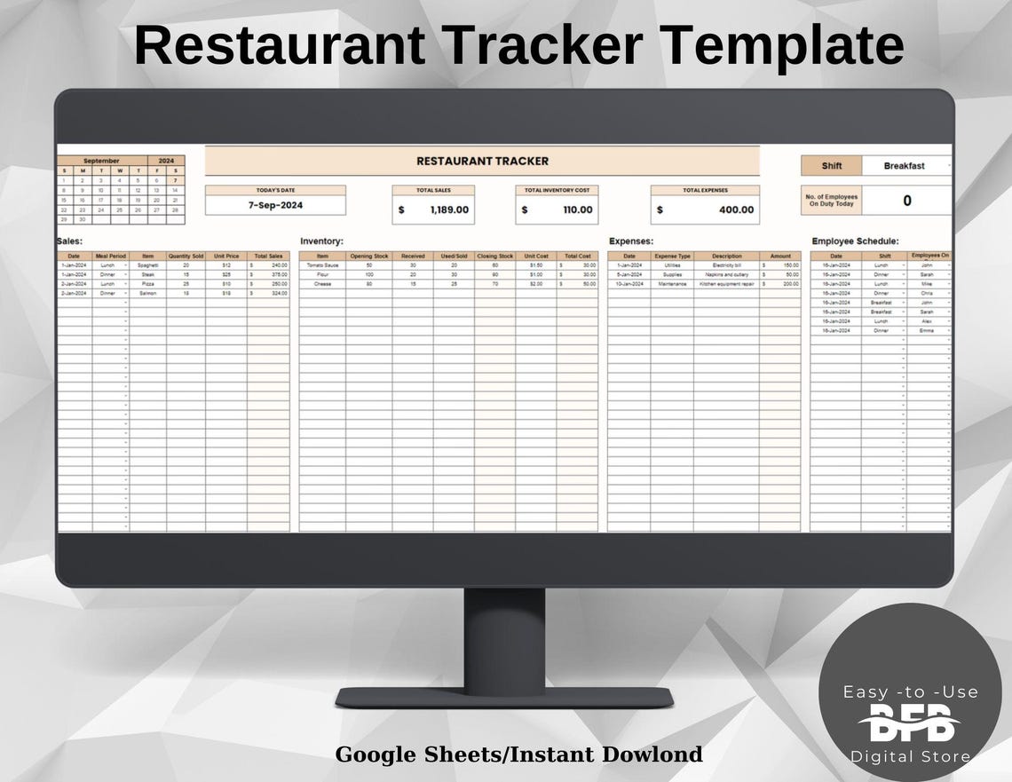 Restaurant Tracker Template, Google Sheets Business Planner, Sales ...