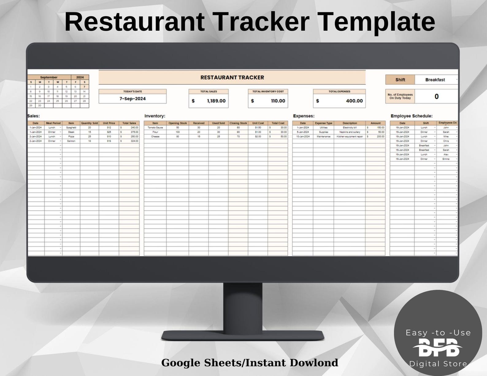 Restaurant Tracker Template, Google Sheets Business Planner, Sales ...