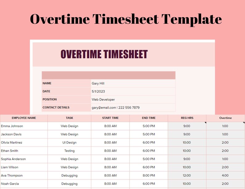 Overtime Timesheet Template, Google Sheets Work Hours Tracker, Employee ...