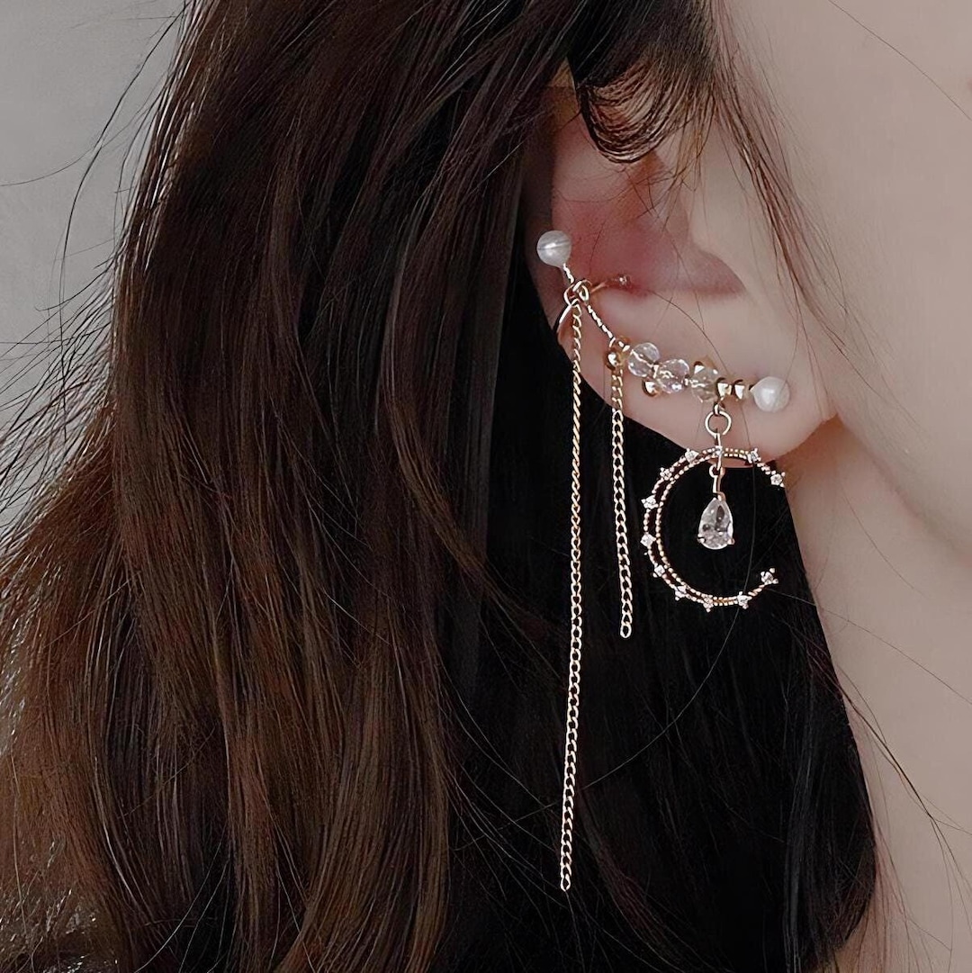 Crystal Ear Cuff Moon Ear Cuffs Shell Pearl Ear Cuff Beads Earrings Celestial Design Moon and ...