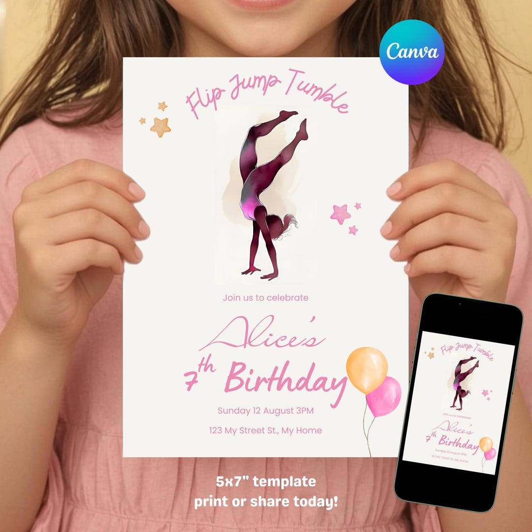 Girl Gymnastics Birthday Invitation, Flip Jump Tumble, Editable ...