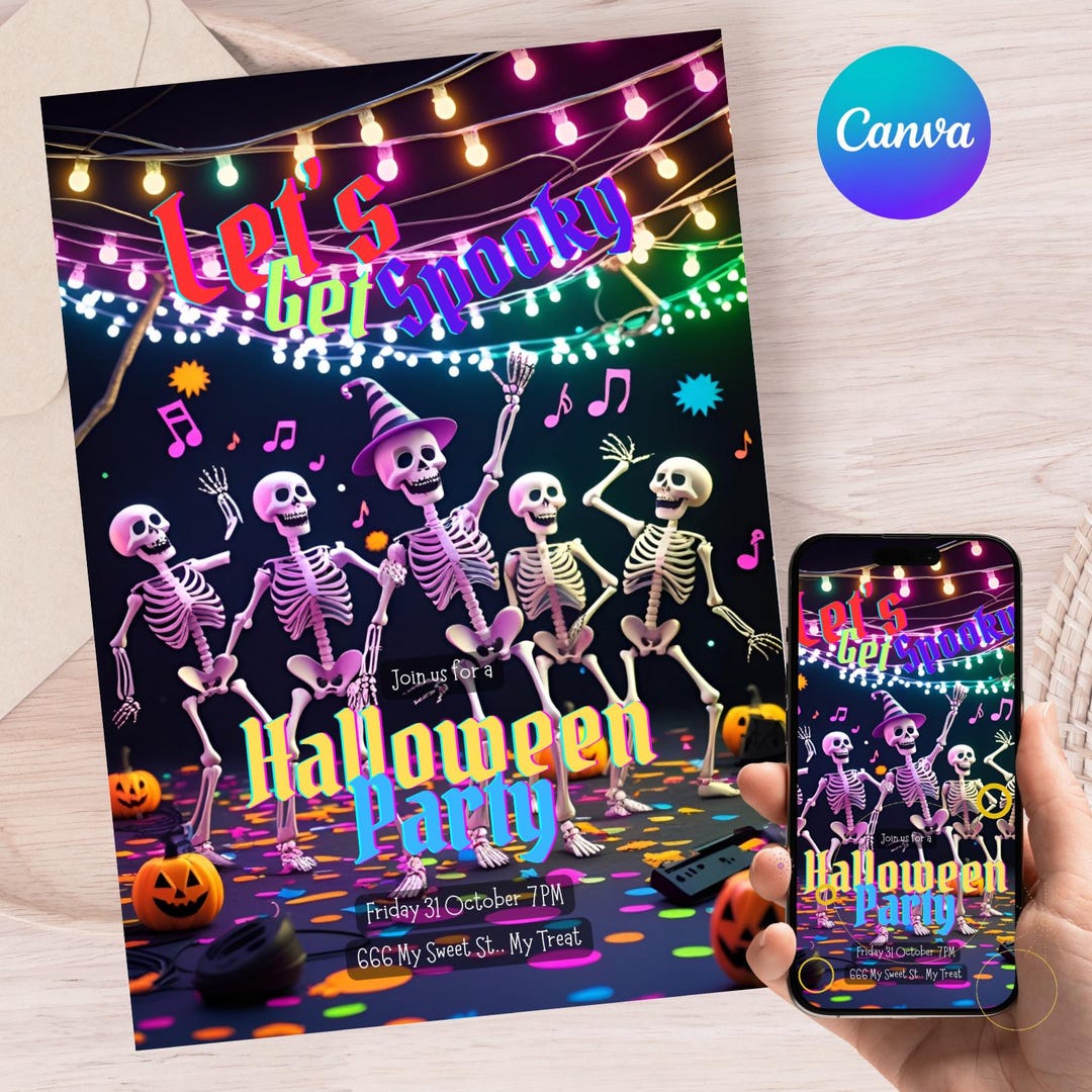 Spooky Disco Halloween Party Invitation: Dancing Skeletons (editable ...