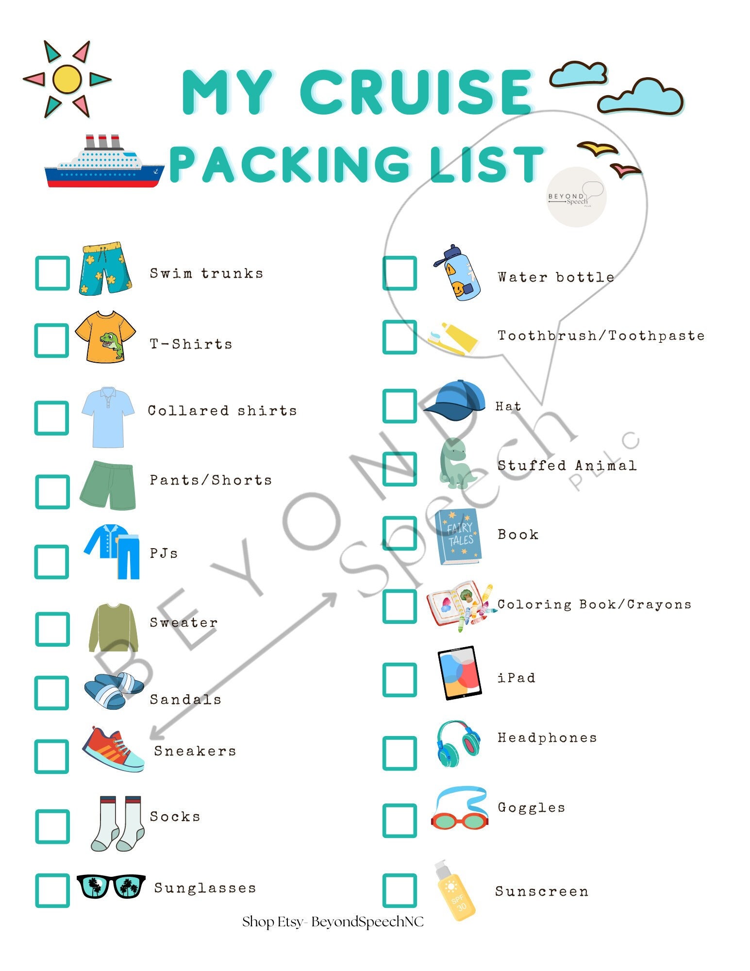 Cruise Packing List for Kids- Blue - Etsy