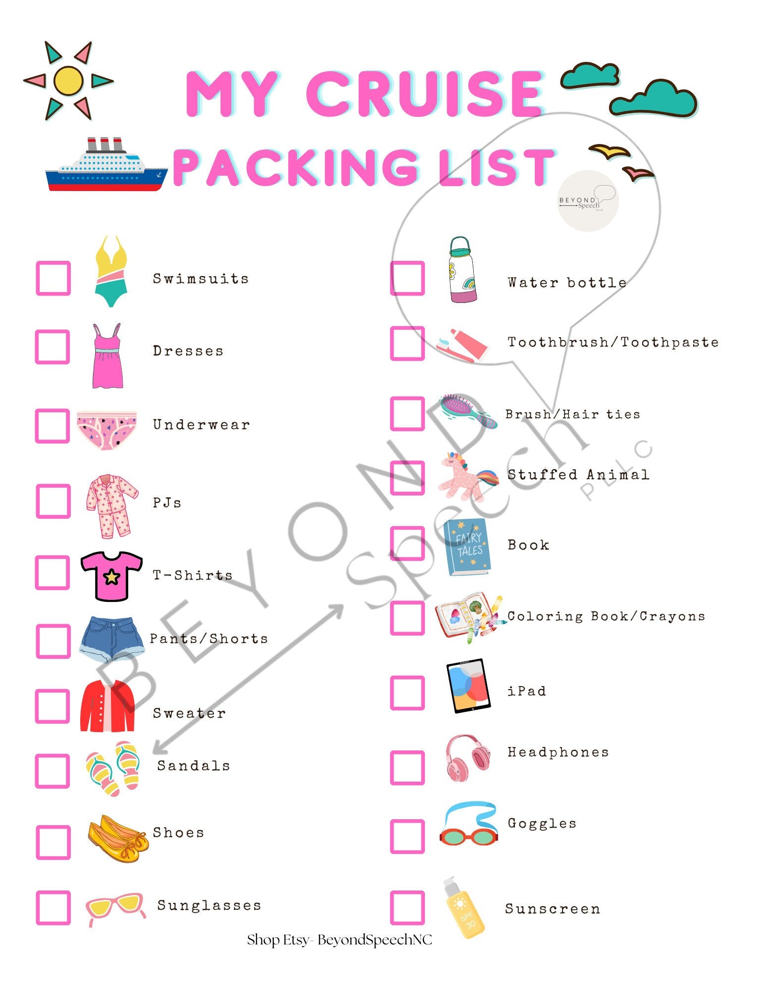 Cruise Packing List for Kids- Pink - Etsy