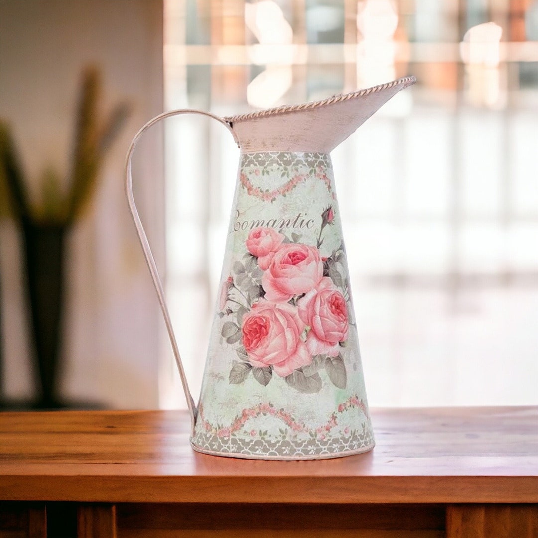 Clayre and Eef Shabby Chic Metal Jug Style Vase, Romantic, Roses,french ...