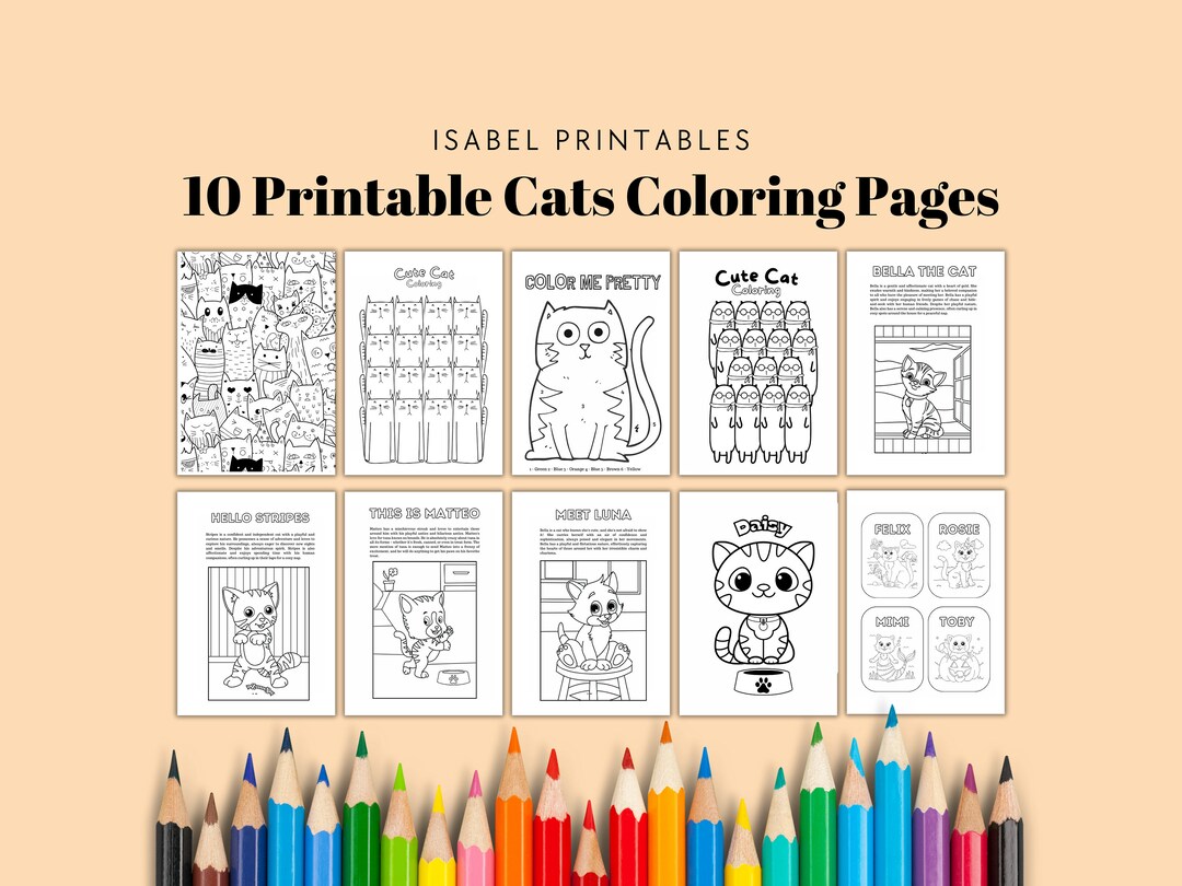 10 Coloring Printable Cat Pages | Coloring Animals | Digital Download ...