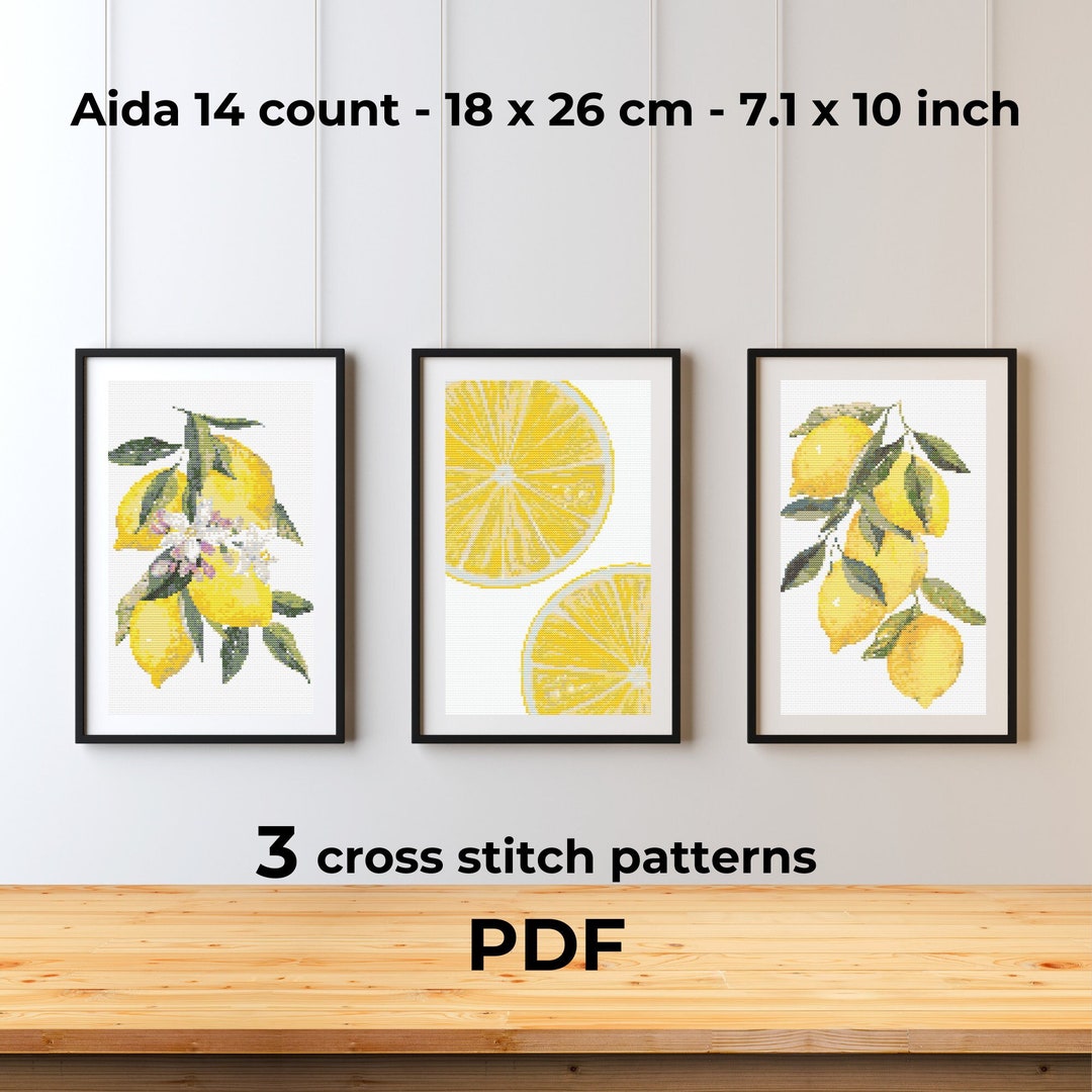 Set of 3 Lemon Cross Stitch Pattern Fruit Easy X-stitch Pattern Cross ...