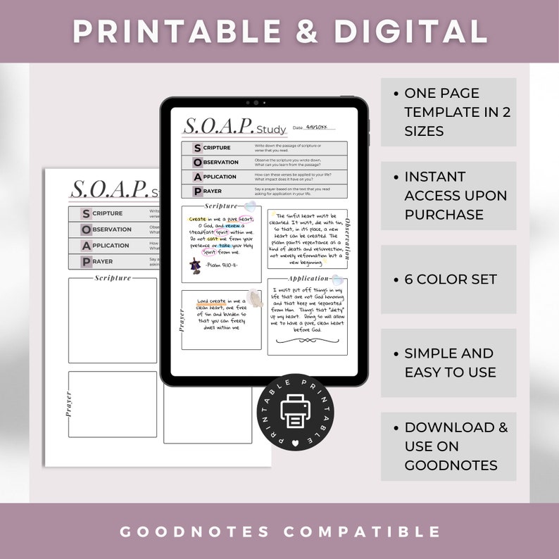 SOAP Bible Study Printable Template, Digital Bible Study Journal ...