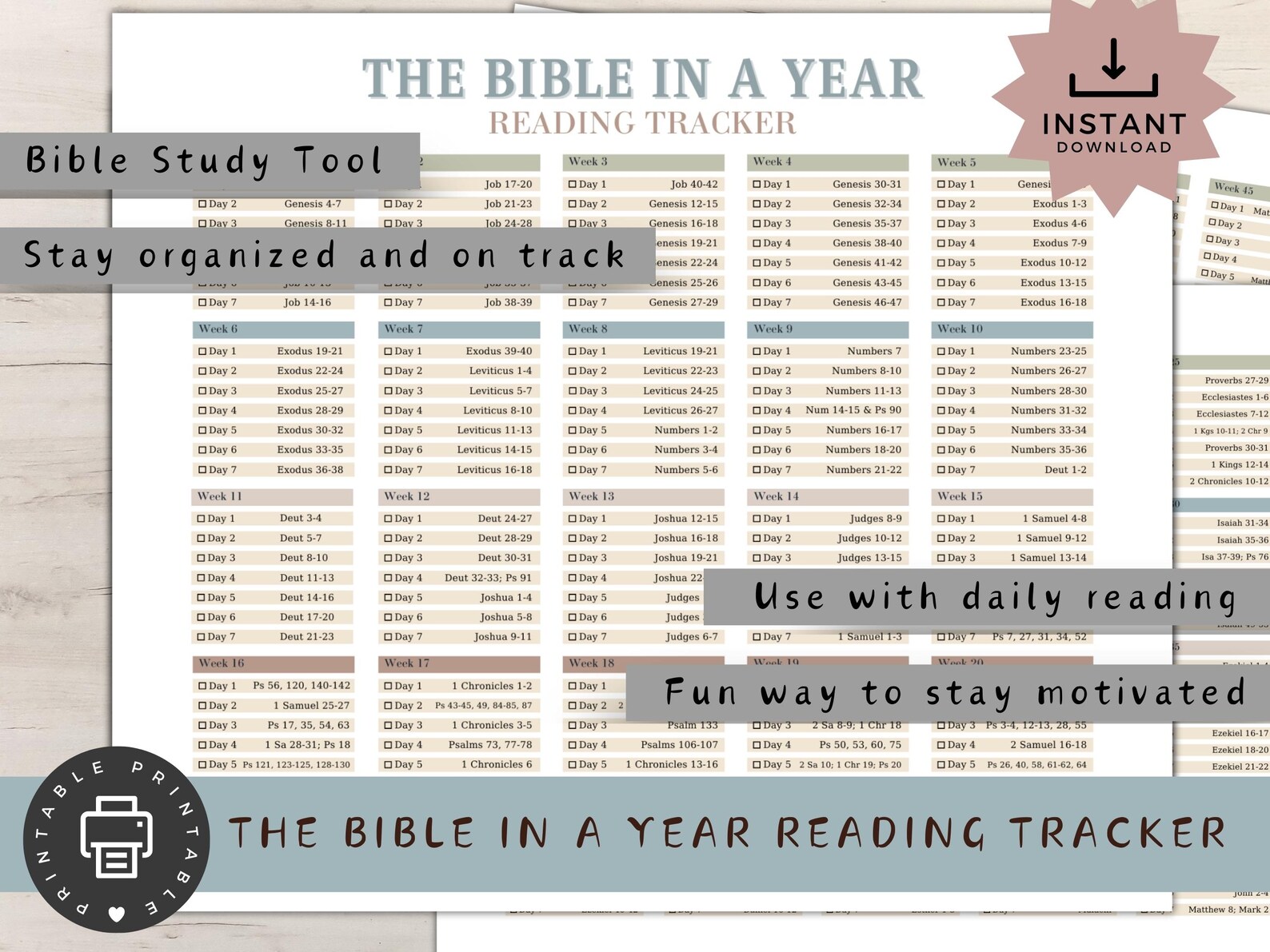 Chronological Bible Reading Tracker - Printable Daily Log, Study ...