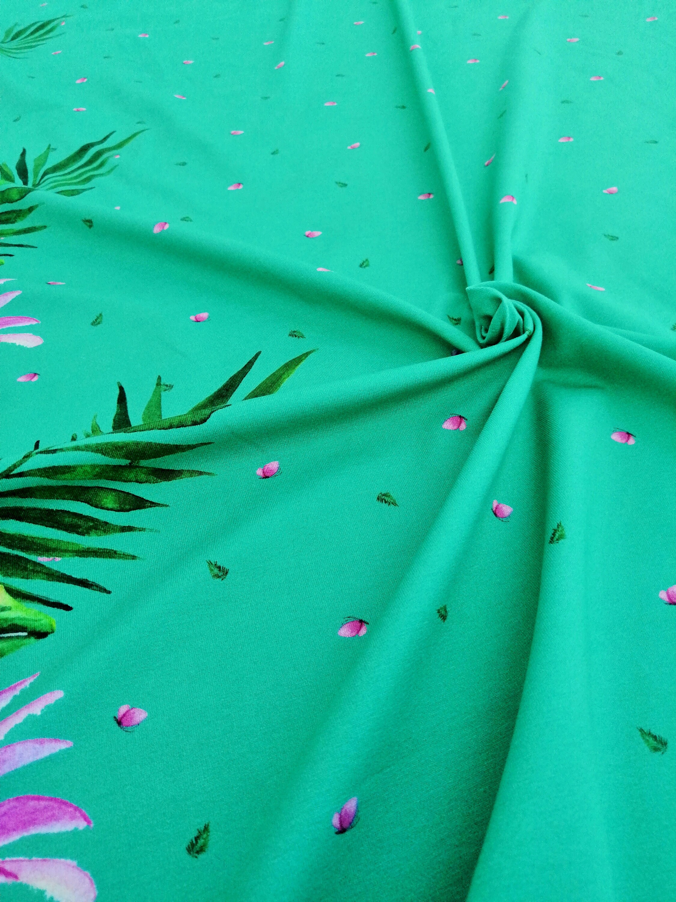 Green Cotton Jersey Knit Fabric With Pink Parrot Print - Etsy