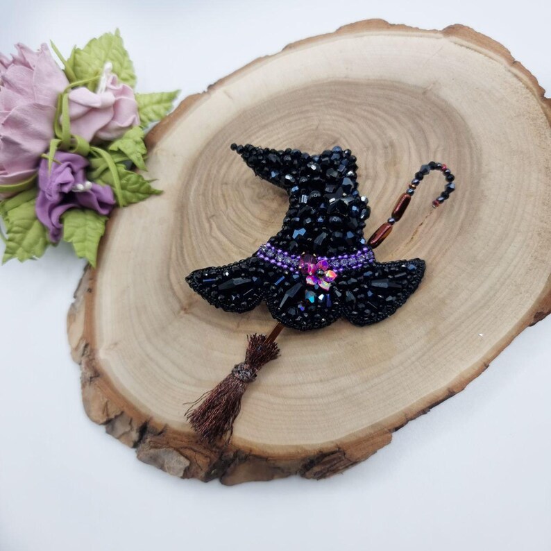 Beaded Witch Hat and Broom Brooch Pin Gift,embroidered Witch Hat Brooch ...