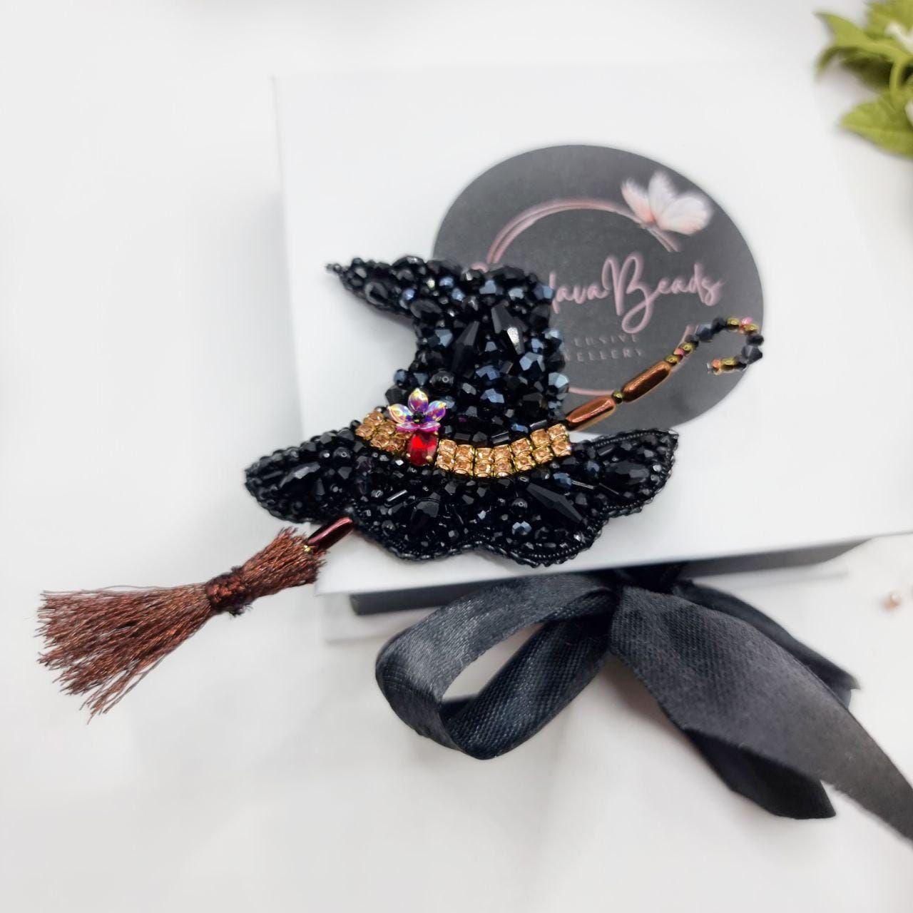 Beaded Witch Hat and Broom Brooch Pin Gift,embroidered Witch Hat Brooch ...
