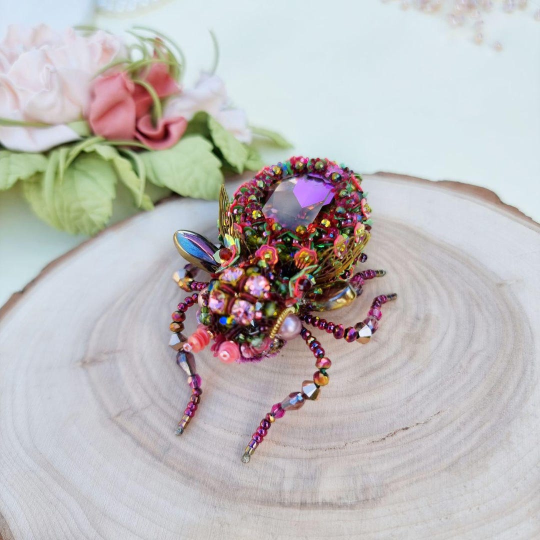 Austrian Crystal Handmade Pink Bug Brooch Pin,beaded Crystal Pink ...