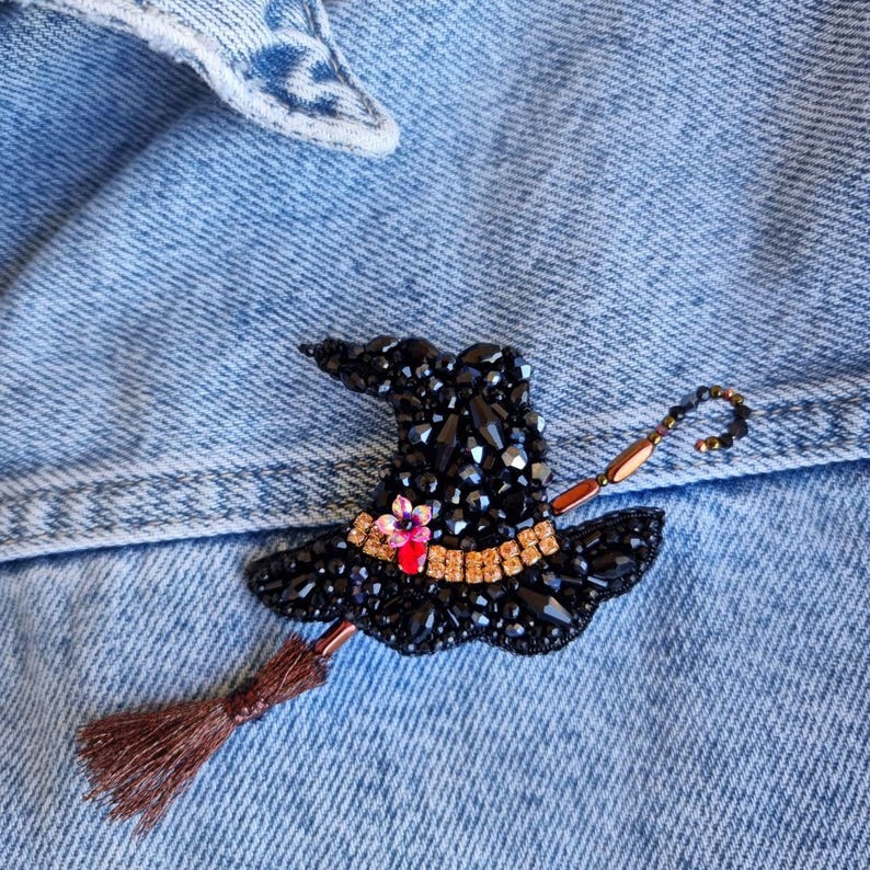 Beaded Witch Hat and Broom Brooch Pin Gift,embroidered Witch Hat Brooch ...