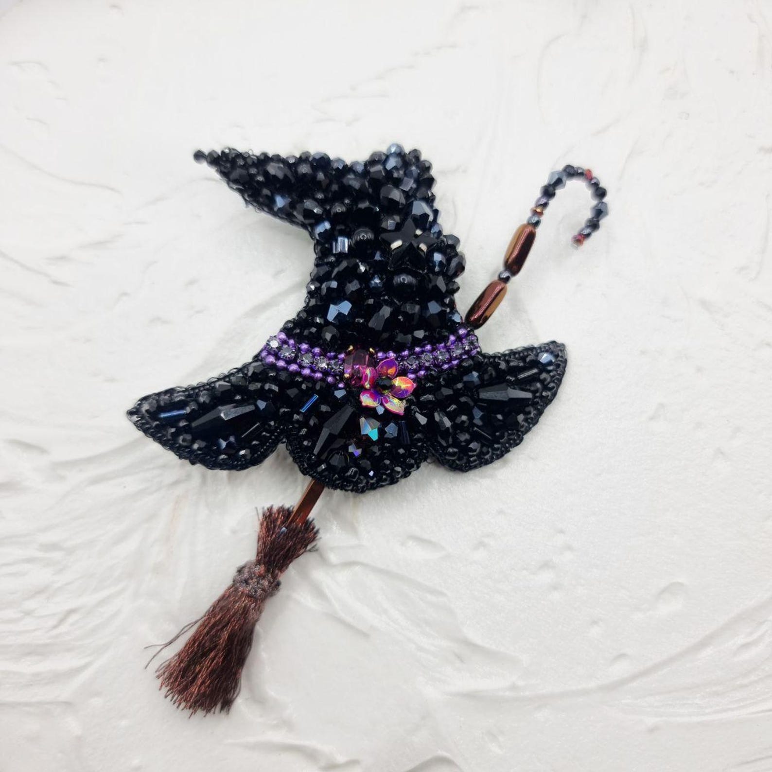 Beaded Witch Hat and Broom Brooch Pin Gift,embroidered Witch Hat Brooch ...