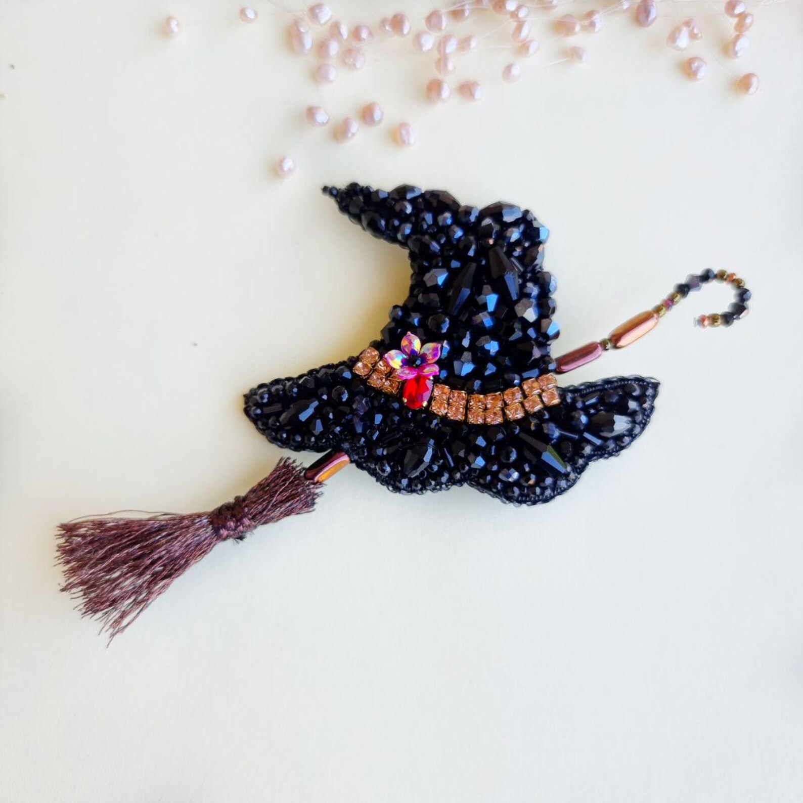 Beaded Witch Hat and Broom Brooch Pin Gift,embroidered Witch Hat Brooch ...