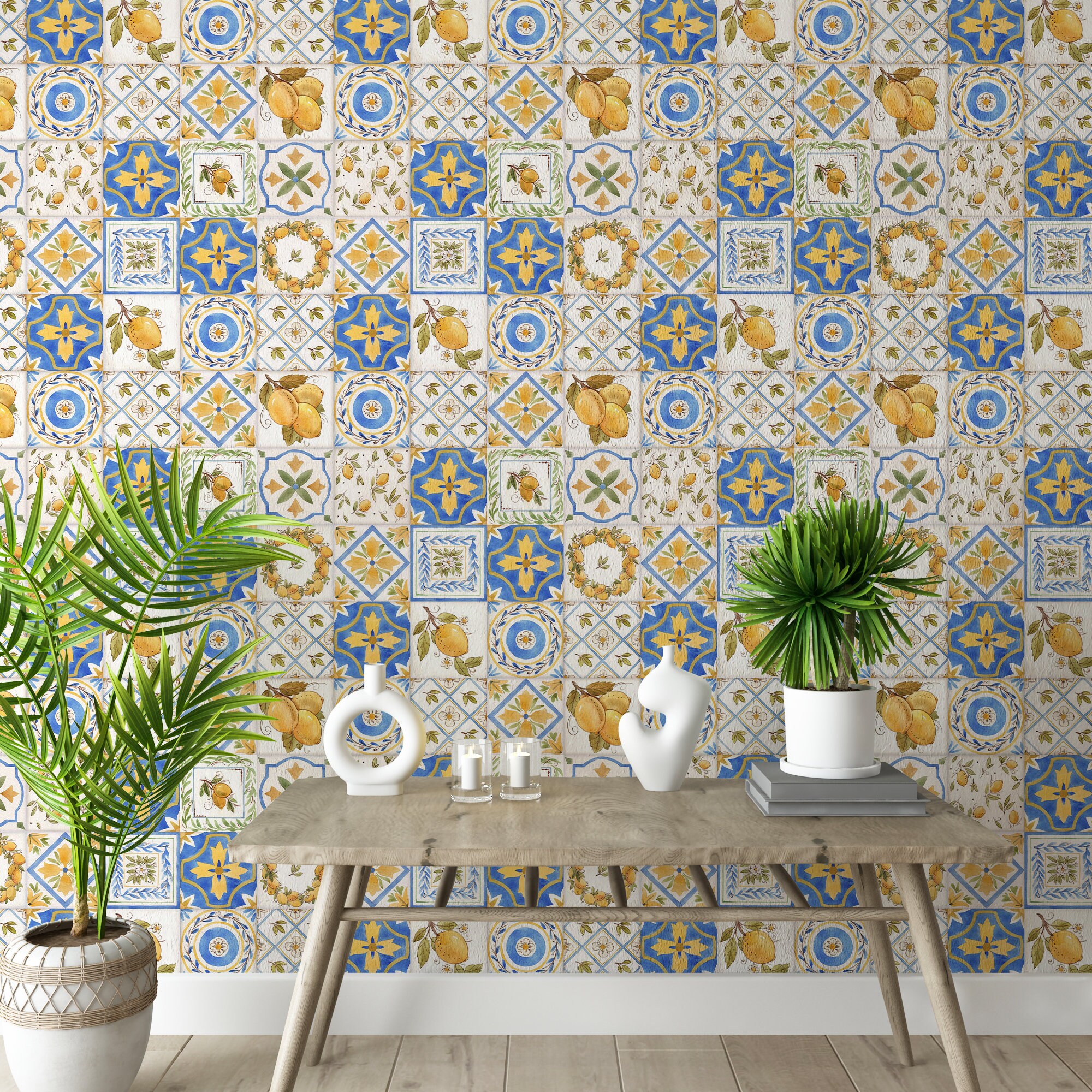 Watercolor Lemons and Blue Sicilian Style Tiles Removable Wallpaper ...