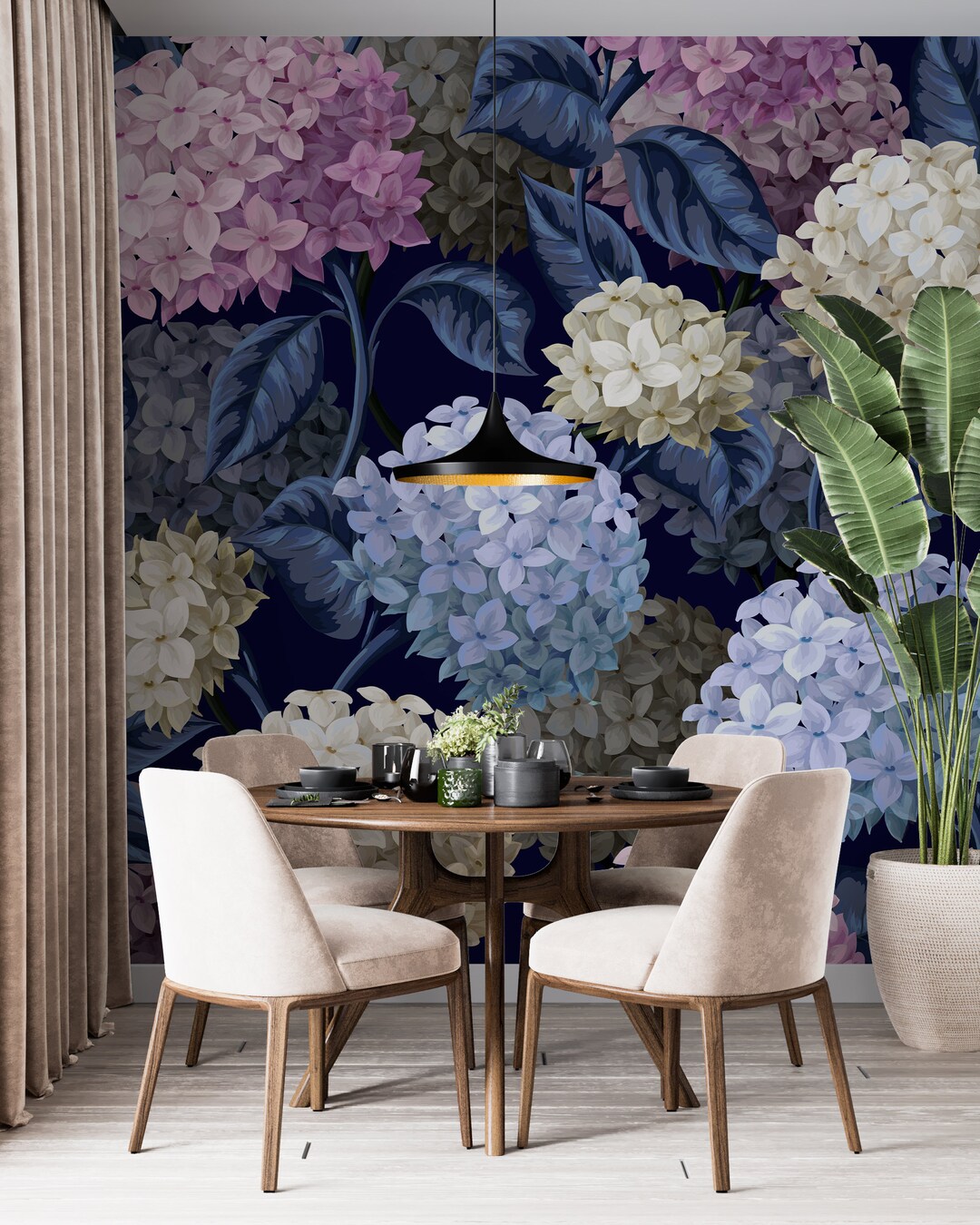 Pink & Blue Hydrangea Flowers Wallpaper, Self Adhesive, Removable ...