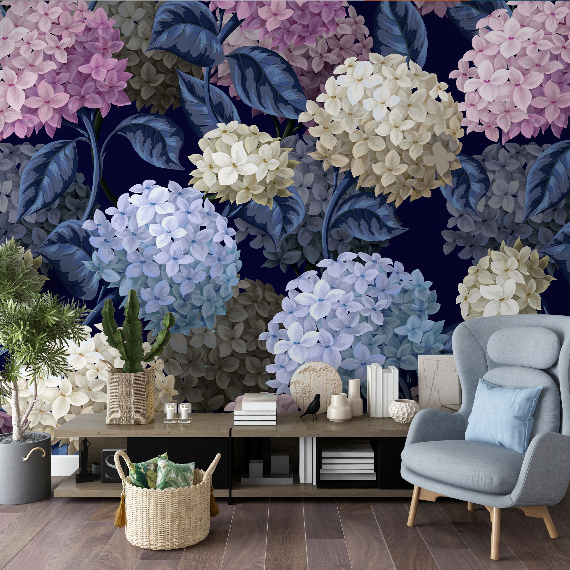 Pink & Blue Hydrangea Flowers Wallpaper, Self Adhesive, Removable ...