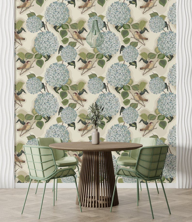 Hydrangea and Bird Wallpaper Peel & Stick, Floral Wallpaper for Girls ...