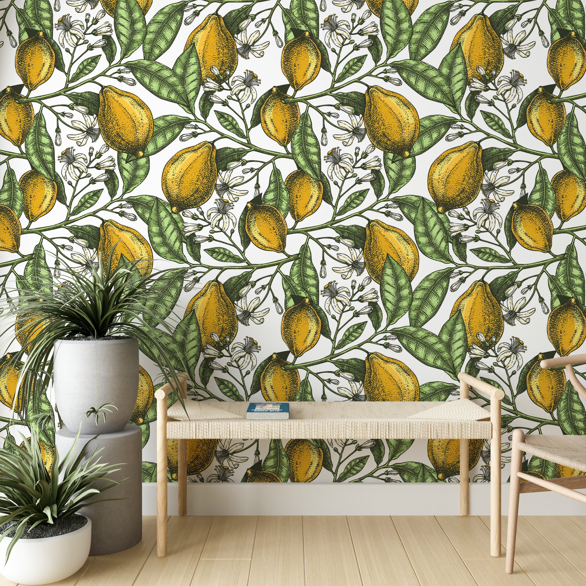 Lemon Tree Wallpaper, Botanical Wallpaper, Farmhouse Decor, Green ...