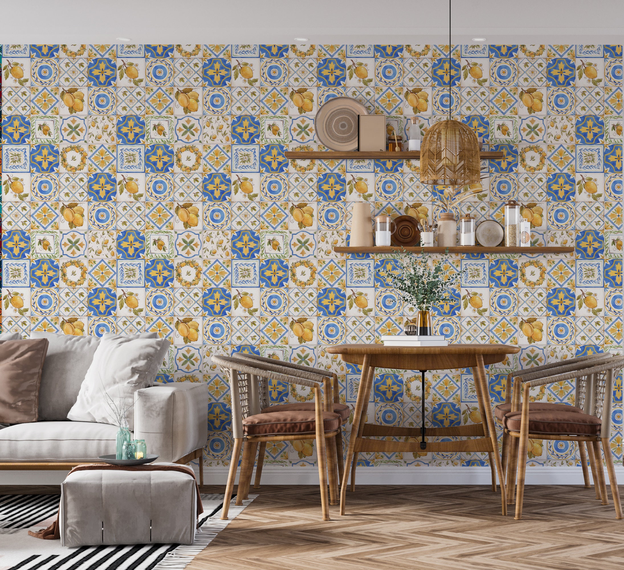 Watercolor Lemons and Blue Sicilian Style Tiles Removable Wallpaper ...
