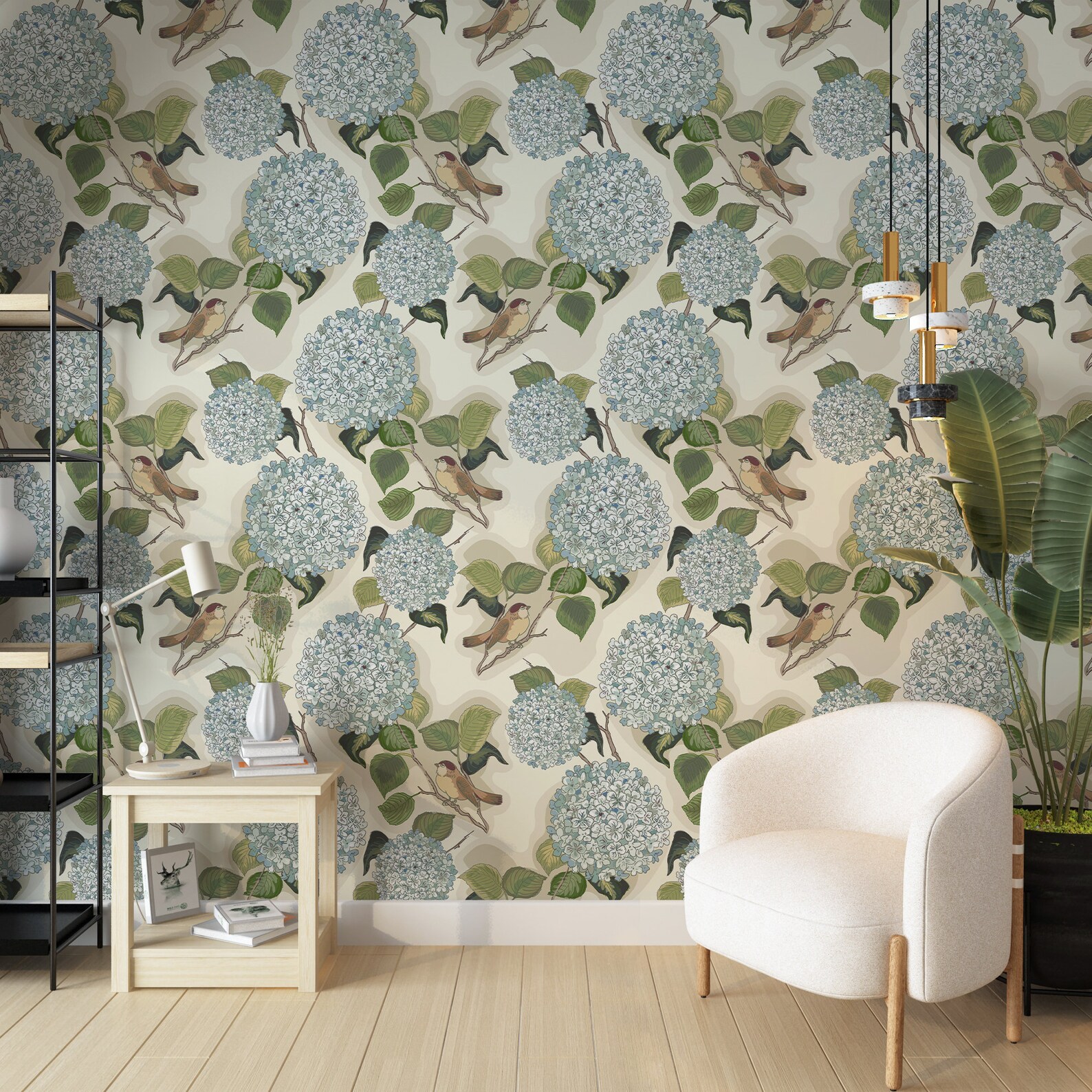Hydrangea and Bird Wallpaper Peel & Stick, Floral Wallpaper for Girls ...