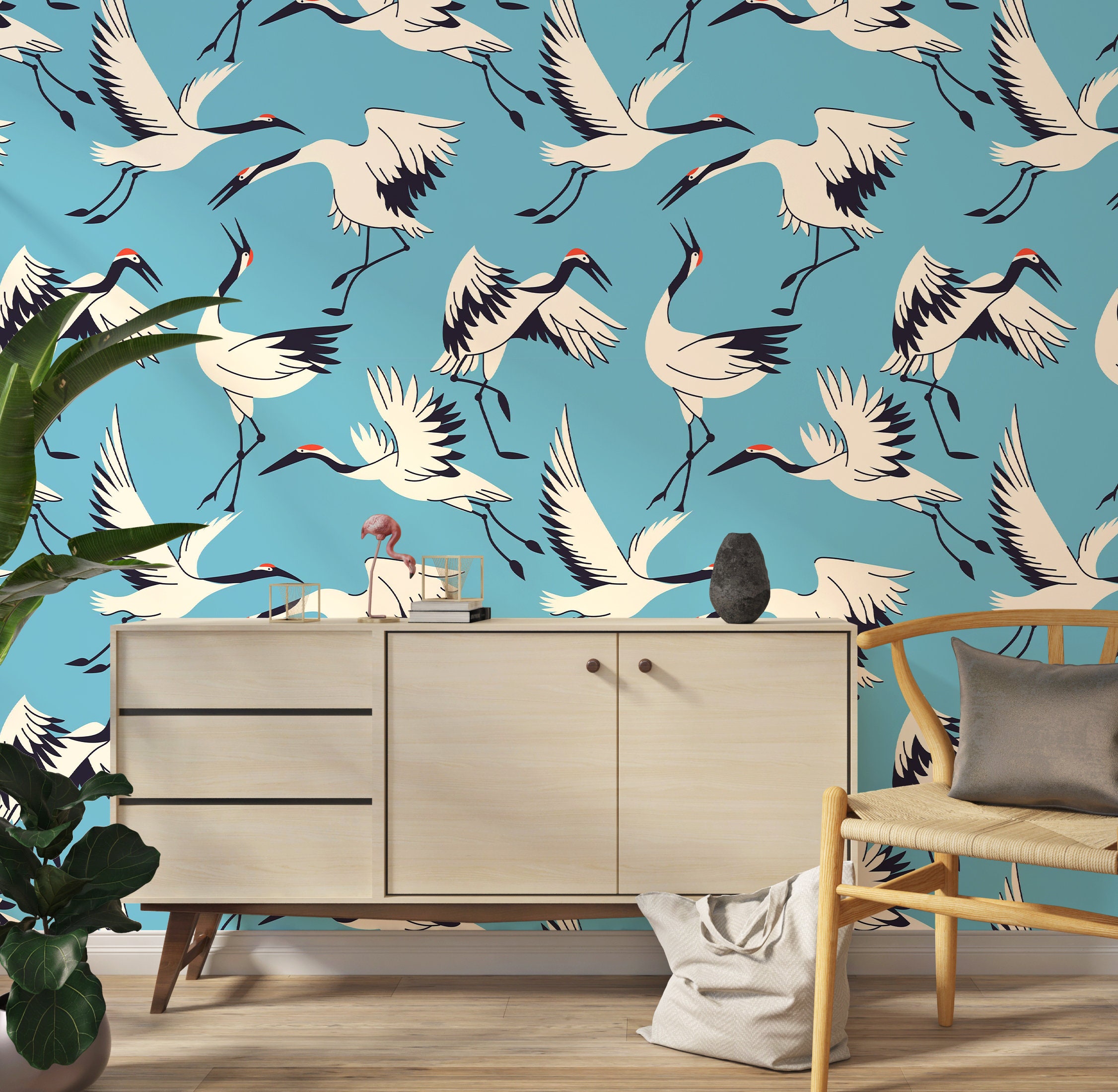 Crane Birds Wallpaper With Blue Background, Peel and Stick, Vintage ...