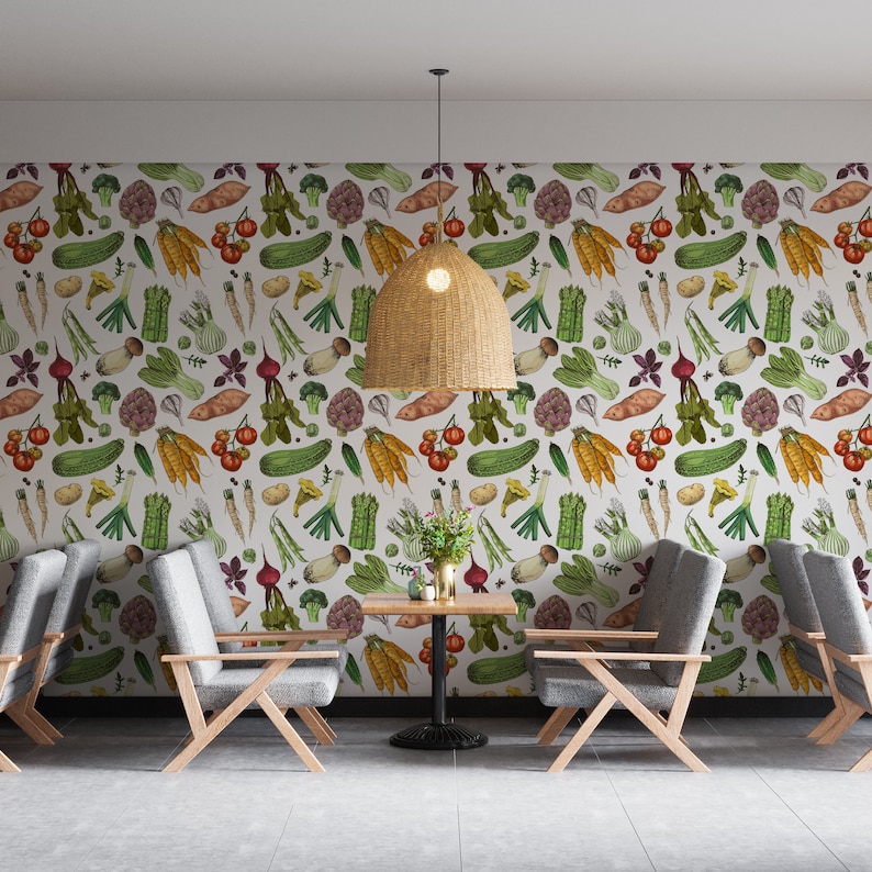 Vegetable Wallpaper, Veggie Print, Kitchen Wall Mural, Chef Wallpaper ...