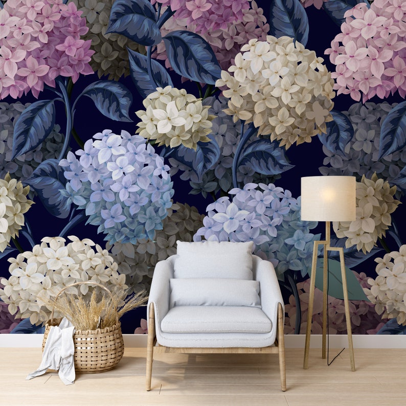 Pink & Blue Hydrangea Flowers Wallpaper, Self Adhesive, Removable ...