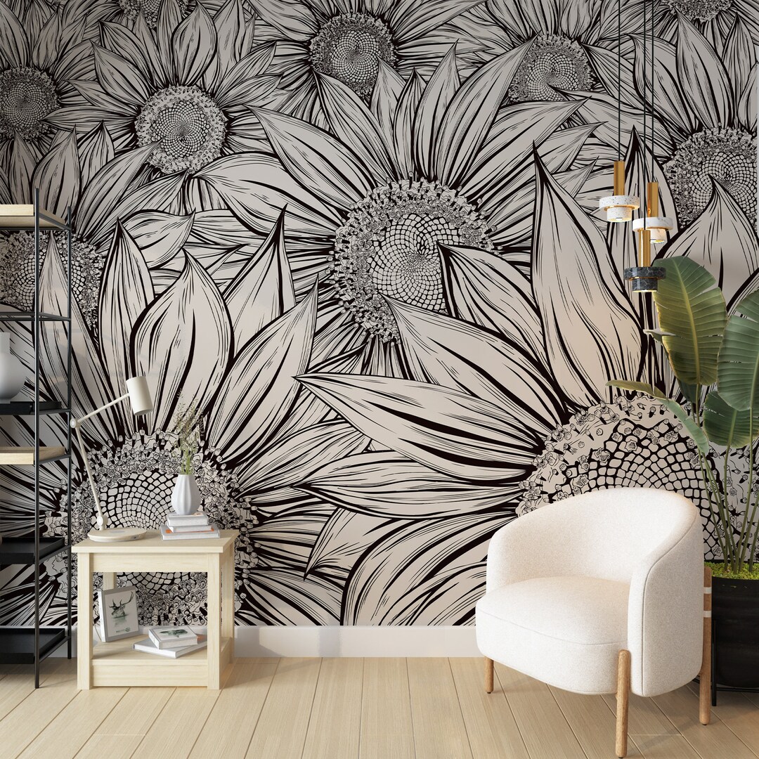 3D Sunflower Wallpaper, Floral Wall Mural, Sketch Wall Decor, Hand ...