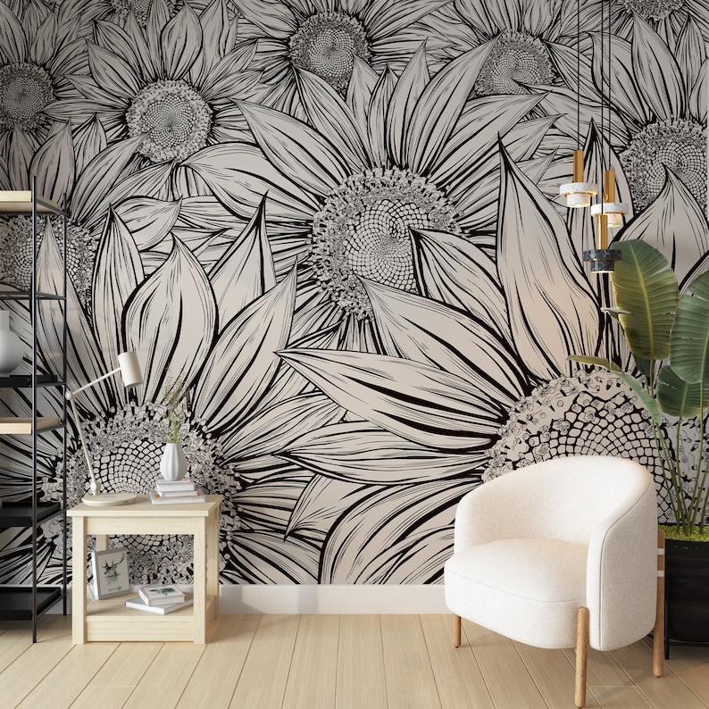 3D Sunflower Wallpaper, Floral Wall Mural, Sketch Wall Decor, Hand ...