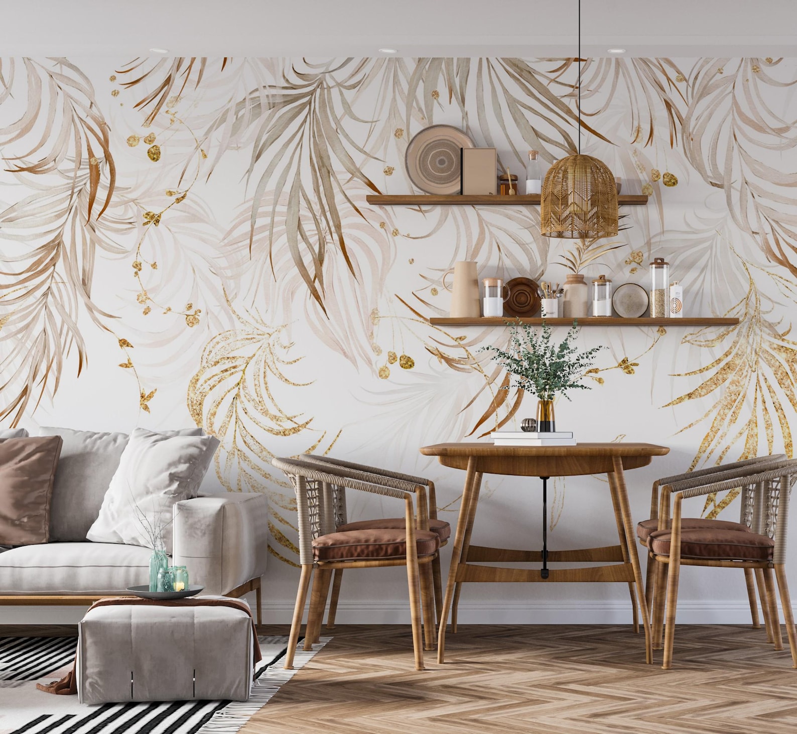Boho Palm Leaves Wallpaper , Modern Tropical Peel and Stick Wall Decor ...