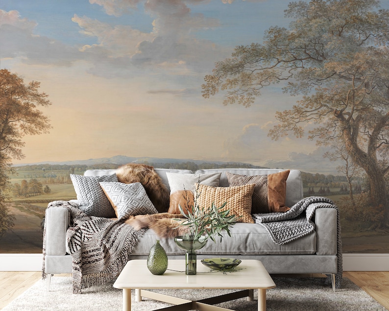 Scenic Wallpaper Mural, Rural Landscape Wallpaper Traditional, Vintage ...