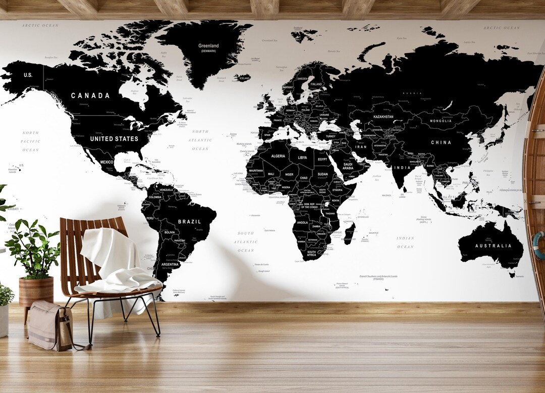 Dark World Map Wallpaper Peel and Stick, Office Wallpaper, Removable ...