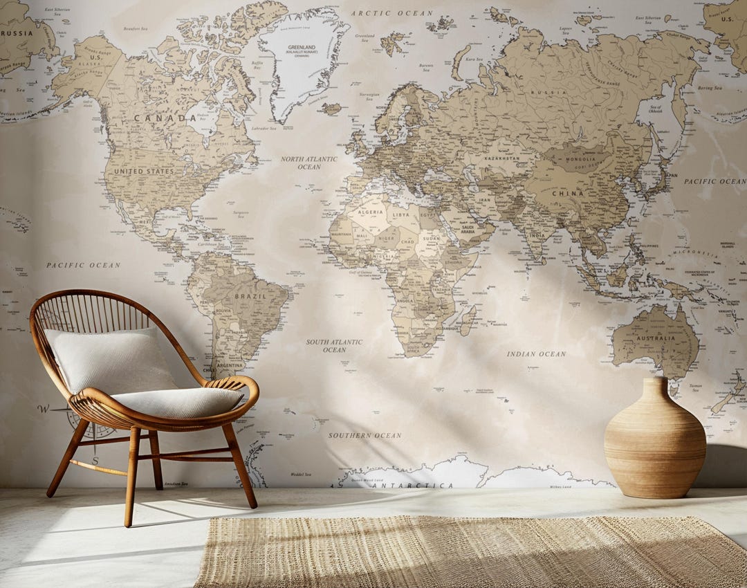 Detailed Map of the World Wallpaper, Giant World Map Mural, Map Decal ...