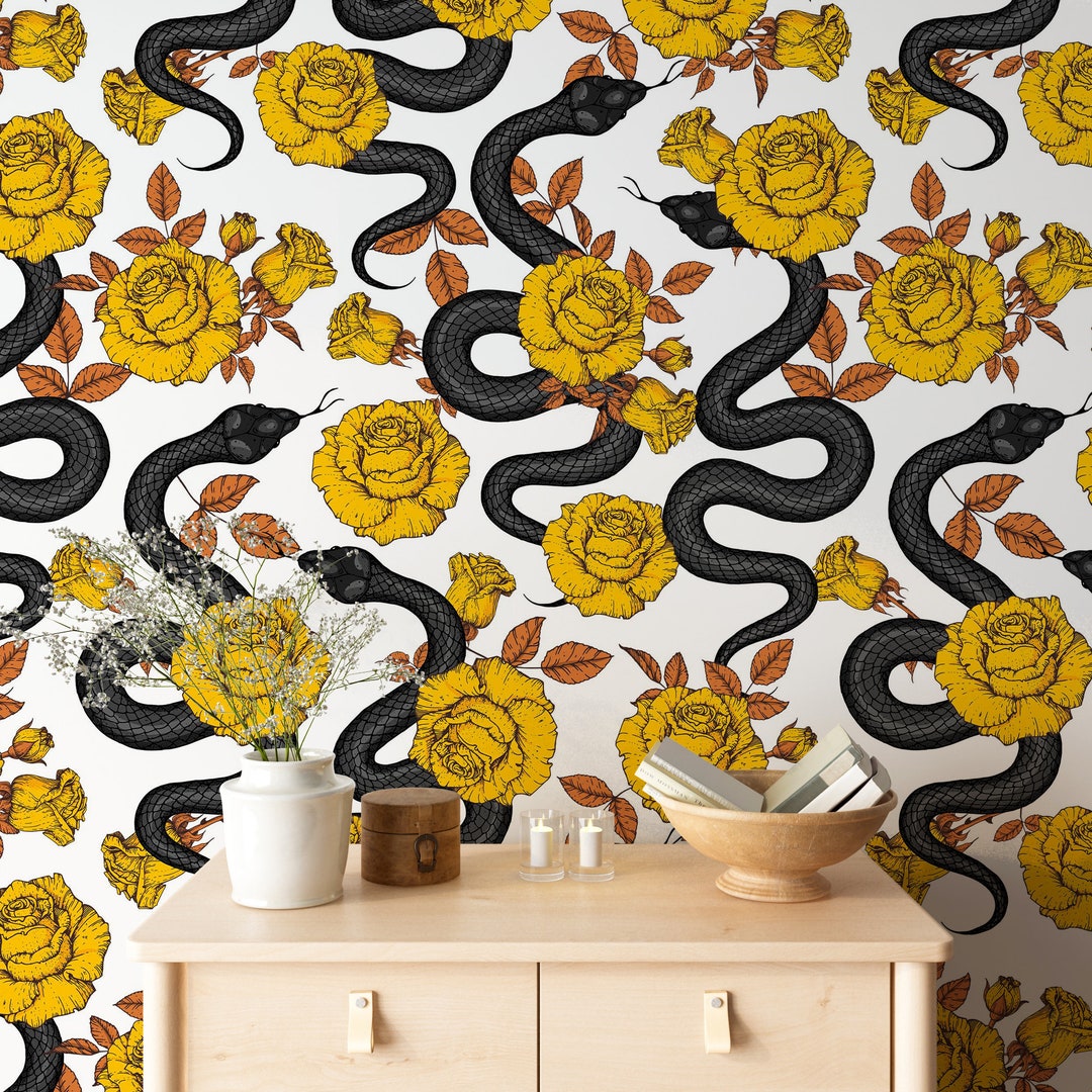 Snake and Botanical Wallpaper, Snake and Roses Wall Decor, Snake Garden ...