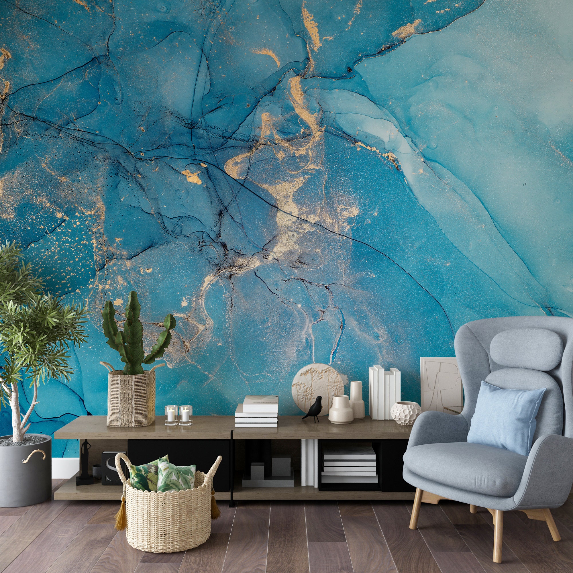 Blue Acrylic Marble Texture Wallpaper, Modern Art Wallpaper, Abstract ...